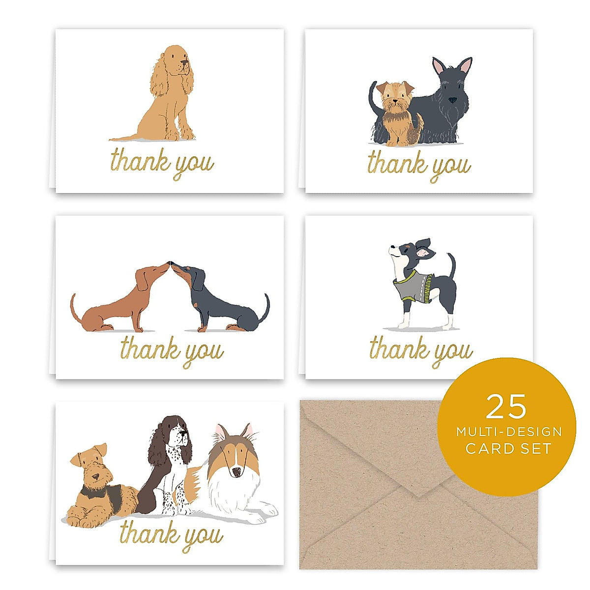 Paper Frenzy Dogs Puppies Thank You Note Card Collection 25 pack with Kraft Envelopes