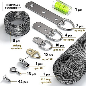 Picture Wire Hanging Kit 100+ Pieces - D-Ring, Screws, Hanging Hooks,Level. Supports up to 50 lbs 120+ Feet(38 M) Stainless Steel Wire Hanger | Comes with Solid Box