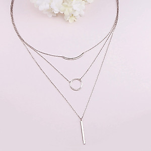 Boho Sterling Silver Dainty Layered Triple Layer Long Stacked Lariat Choker Stack Necklaces for Women Bar Circle Multi 3 Layering Chains