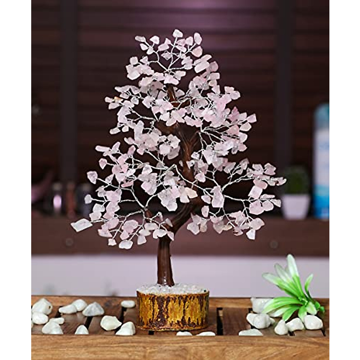 Rose Quartz Gemstone Tree Stone Tree Crystal Tree of Life Prosperity Stones Tree Money Bonsai Tree Feng Shui Tree Handmade Gift for Home Office Decorations Ornament Silver Wire 10-12 Inch