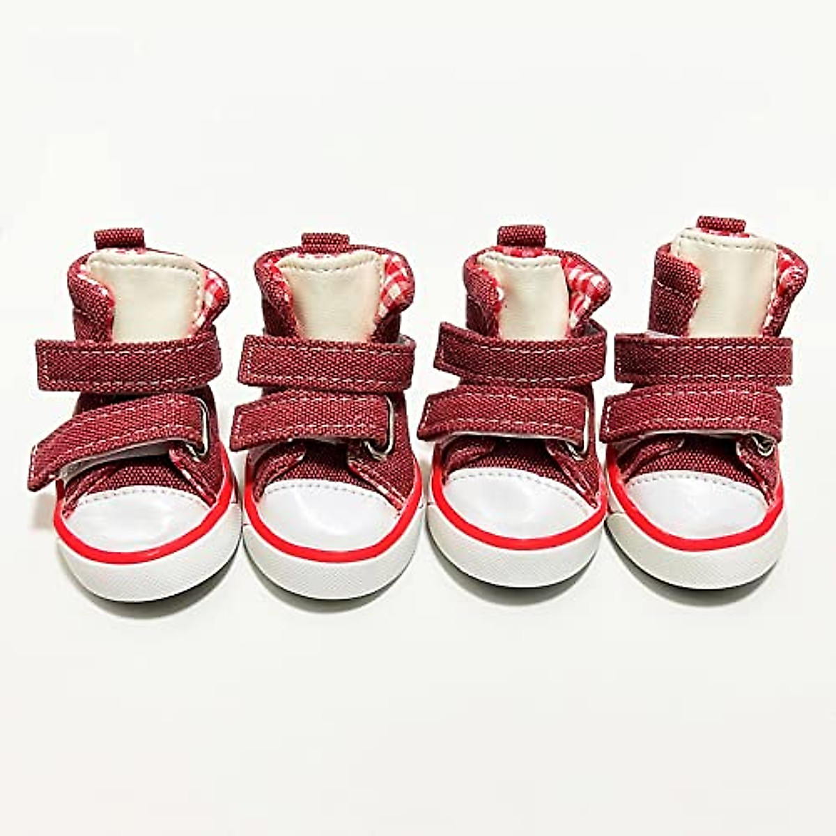 PETFAVORITES Pet Dog Puppy Running Shoes Outdoor Boots Nonslip Booties Canvas Sneaker for Small to Large Dogs Teacup Chihuahua Yorkie with Straps and Glow in The Dark, Pack of 4. (Red, Size 1)