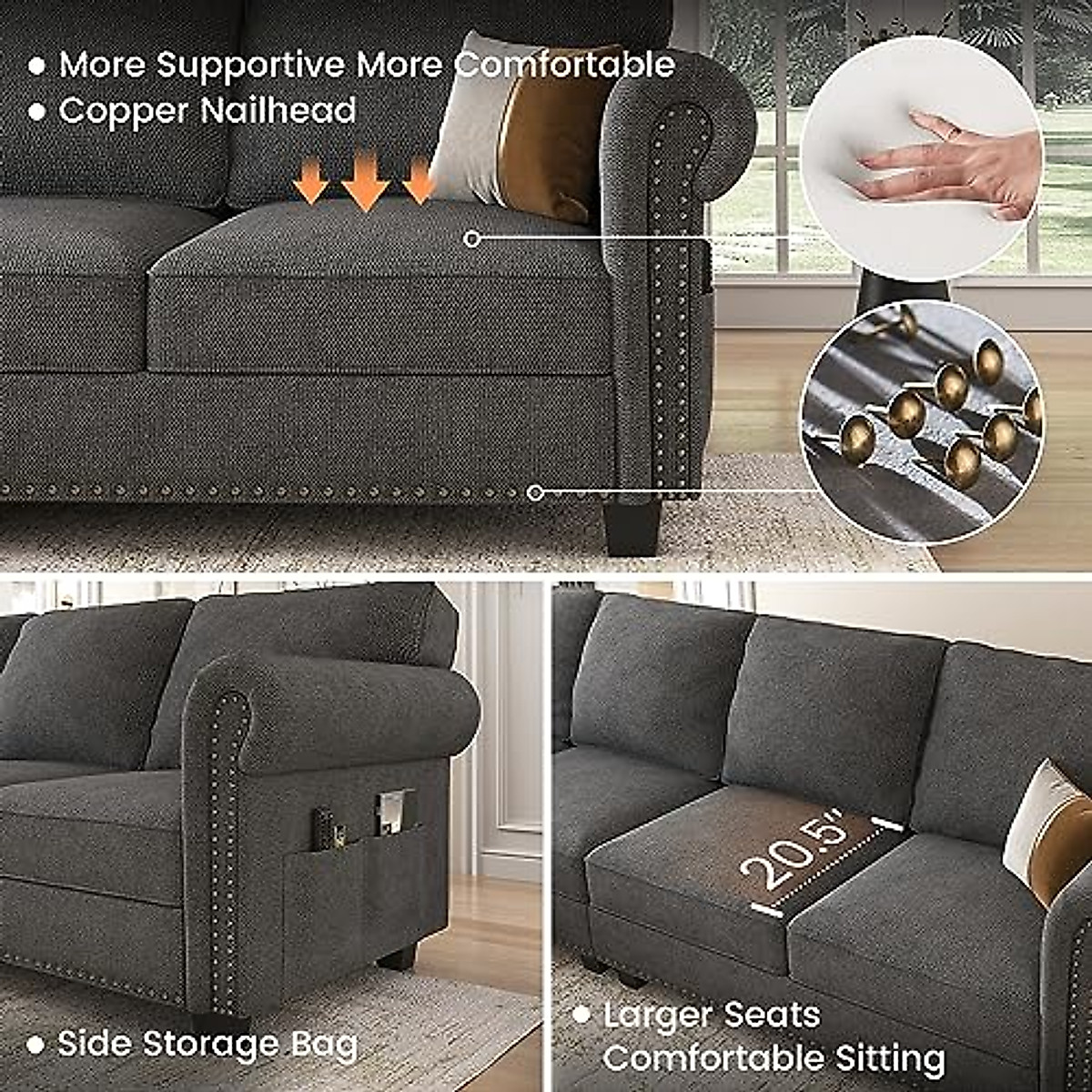 Nolany Convertible Sectional Sofa L-Shape Sectional Couch with Reversible Chaise 4 Seat Sectional Sofa Couch for Small Space Dark Grey