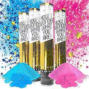 Sweet Baby Co. Baby Gender Reveal Confetti Cannon with Color Powder Boy or Girl Blue Confetti Smoke and Pink Confetti Smoke, Set of 4 | Twinkle Twinkle Little Star Party Poppers | Holi Popper Sticks