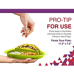 Fiesta Taco Plate by Arrow Home Products, 4 Pack - Each Plate Includes 3 Taco Holders Plus 2 Compartments - BPA Free Plastic, Made in the USA, Dishwasher Safe - Lime Green