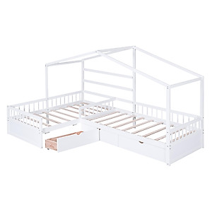 Lakifun L Shaped Bed Frame for Kids, Double Twin Corner House Bed with 3 Storage Drawers & Fence, Modern Solid Wood Platform Bed for Girls Boys Bedroom, Maximize Space (White)