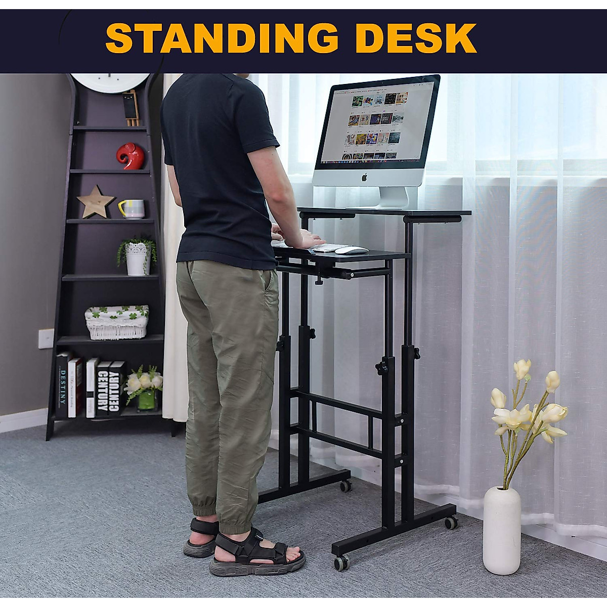 AIZ Mobile Standing Desk, Adjustable Computer Desk Rolling Laptop Cart on Wheels Home Office Computer Workstation, Portable Laptop Stand for Small Spaces Tall Table for Standing or Sitting, Black