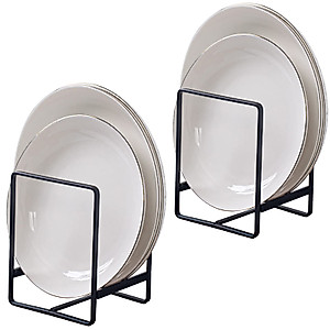 Klyuqoz Plate Organizer for Cabinet, 2Pack Metal Plate Holders,Plate Racks for Kitchen Cabinets, For Pantry, Shelves, Frying Pans, Lids, Cutting Boards, Vertical Or Horizontal Placement (Black)