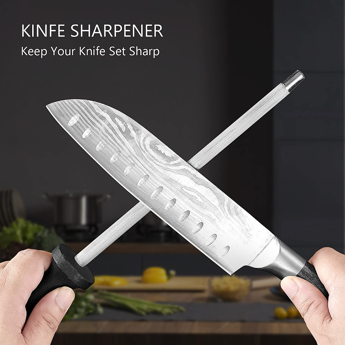 Kitchen Knife Set with Block - 24 pcs Home Essentials High Carbon German Stainless Steel Knives Set, Professional Chef Knife Set with 8 Steak Knives, Sharpener, Carving Fork & Shears