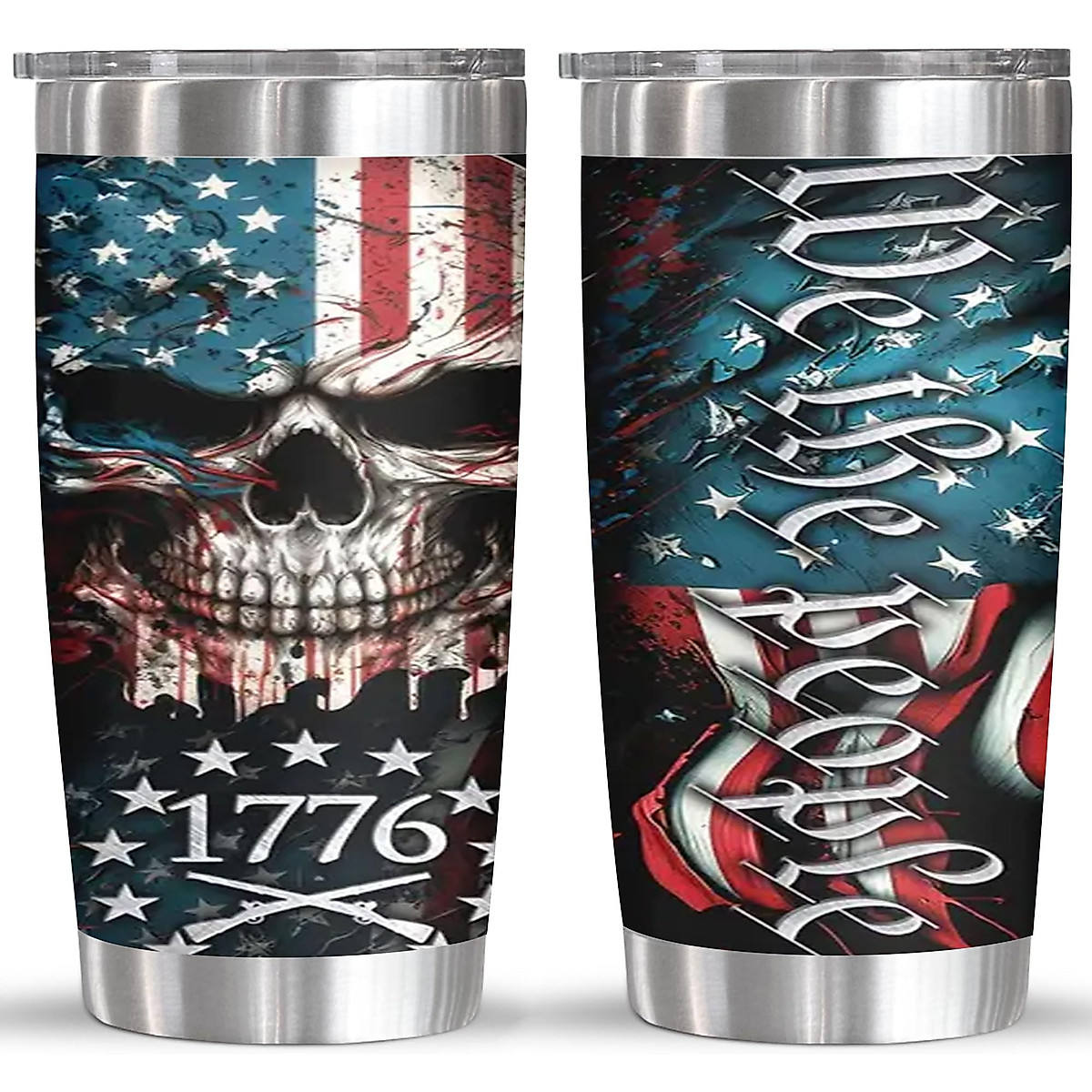 FOCIUZTA 20oz Stainless Steel Tumbler with Lid & Straw, Patriotic Skull Graphic, Vacuum Insulated Travel Mug, Double-Walled Beverage Cup for Coffee, Ice Drinks, Juice, Thermal Cup Gift for Family