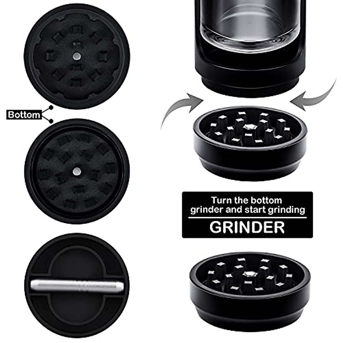 METSHOW Light-Up LED Transparent Seal Storage Jar，Magnifying Viewing Glass Airtight Jar with Grinder ，8 x Magnification Glass(Black)