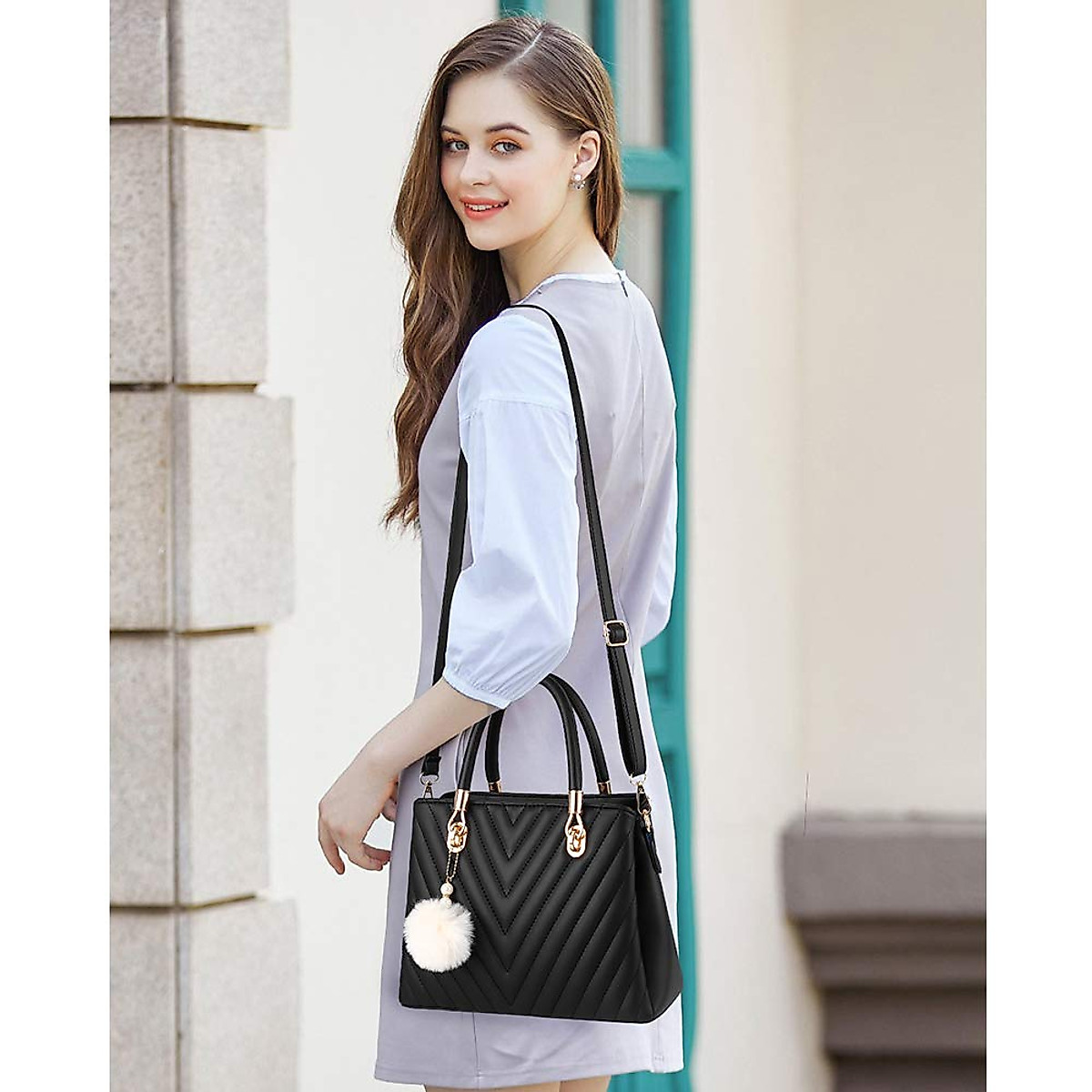 I IHAYNER Womens Fashion Leather Handbags Quilted Purses Top-handle Totes Satchel Bag for Ladies Shoulder Bag for Women with Pompom