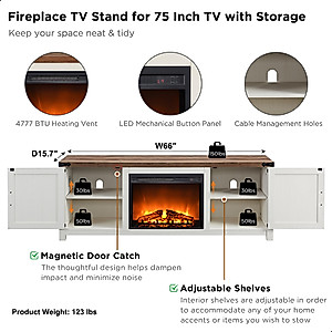 OKD Farmhouse Fireplace TV Stand for 70 75 Inch TV, Rustic Entertainment Center with 23" Electric Fireplace, Barn Door, Adjustable Shelves, Wood Media Console Cabinet for Living Room, Antique White