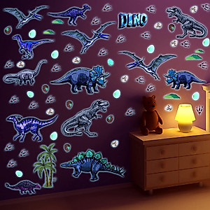 Zonon 114 Pcs/ 4 Sheet Glow in The Dark Dinosaurs Stickers for Waterproof Glowing Dinosaur Wall Decals Large Removable Glow Wall Decor for Boy Bedroom Ceiling Kid Nursery Playroom(Blue Glow)