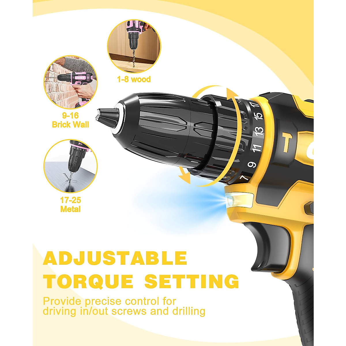 OUBA Cordless Drill Set, 12.8V Lithium Lon Power Drill Cordless with Battery and Charger, 2 Variable Speeds, 3/8" Keyless Chuck, 25+3 Torque Setting, Built-In LED, Electric Drills for Home (Yellow)