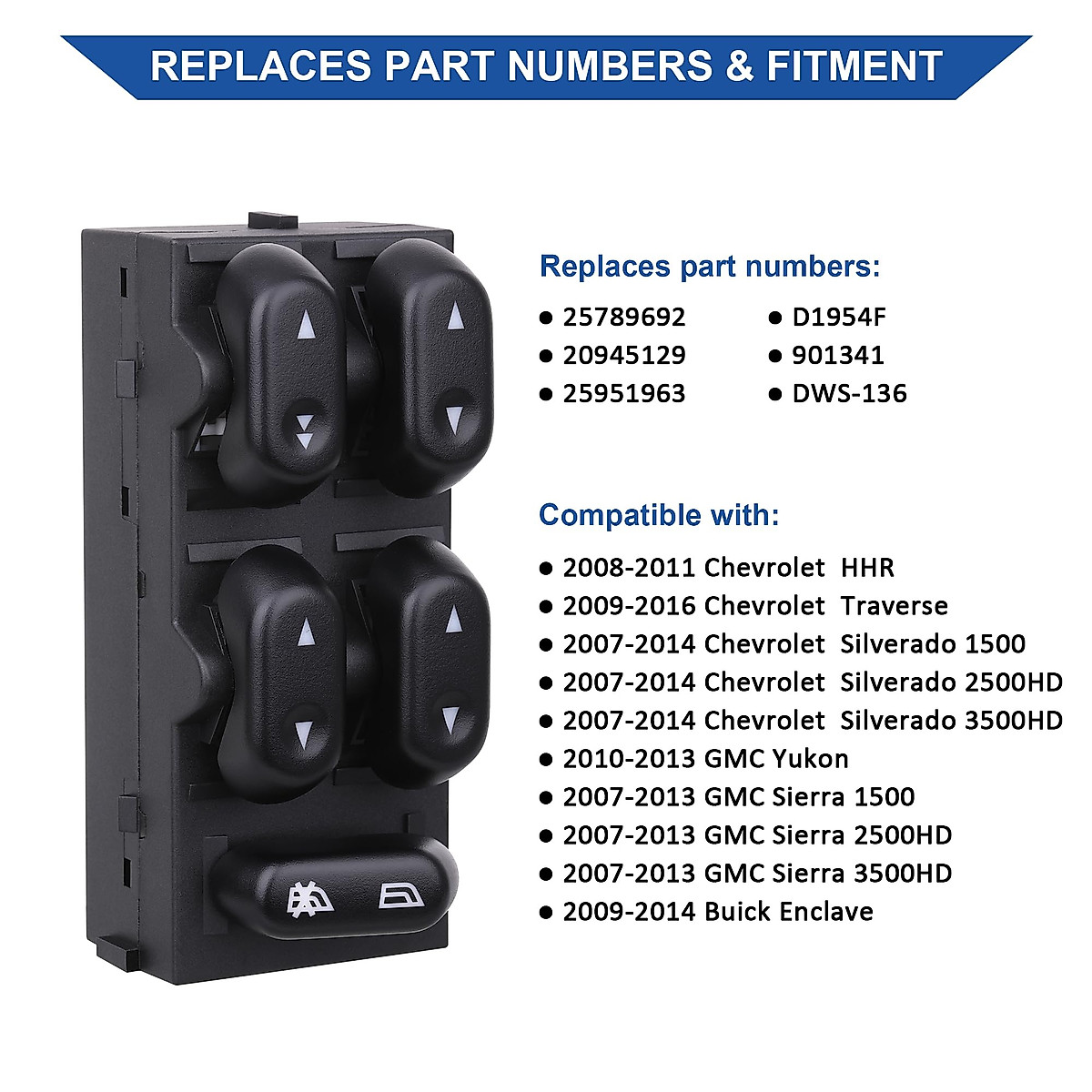 Power Master Window Switch, Compatible with 2004-2008 Ford F150, 2003-2006 Ford Expedition, 2003-2008 Crown Victoria, Lincoln Mark LT, Mercury Grand Marquis and Marauder, OE 5L1Z14529AA 901339