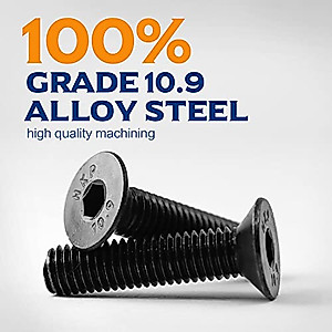 M5-0.8 x 12mm Flat Head Socket Cap Screws, 10.9 Grade Alloy Steel, Allen Socket Drive, Black Oxide Finish, Machine Thread, Quantity 50