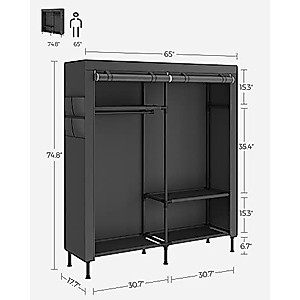 SONGMICS Garment Rack Heavy Duty Clothes Rack, 65 Inch Freestanding Portable Wardrobe Closet with Hanging Rails and Shelves, Total Load 242 lb, Easy Assembly, for Cloakroom Bedroom, Black URDR301B02