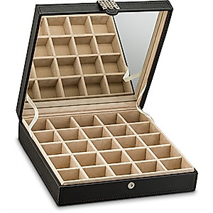 Glenor Co Earring Organizer - Classic 25 Section Jewelry Box/Case/Holder for Earrings, Rings, Necklaces, Jewelry, Cufflinks or Collections. 25 Small Compartments with Elegant Large Mirror - Black