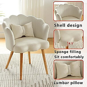 Modern Velvet Accent Chair,Shell Shape Upholstered Armchair with Wood Legs,Comfy Reading Chair for Bedroom,Living Room,Makeup Room,Bowknot Pillow (Cream)