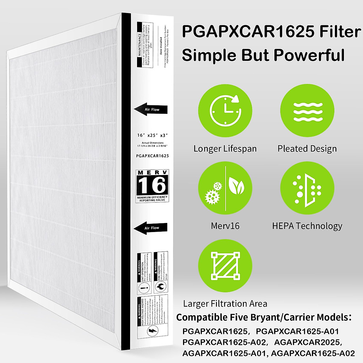 Upgraded PGAPXCAR1625 Merv16 Replacement Filter, Compatible with Bryant/Carrier PGAPXCAR1625, AGAPXCAR1625-A02，PGAPXCAR1625-a02, PGAPXCAR1625-A01, AGAPXCAR1625 Filter(16x25x3in)-2 Pack