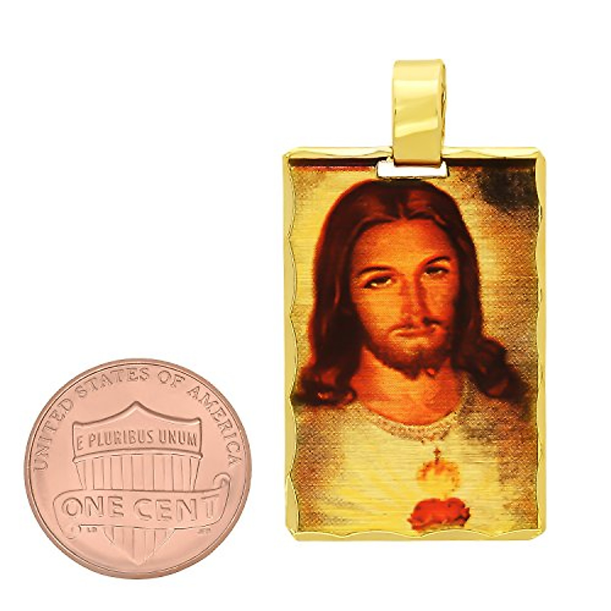 The Bling Factory 14k Gold Plated Framed Jesus Sacred Heart Portrait 20mm x 30mm Pendant