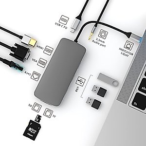 USB C Hub 10 in 1, USB-C Laptop Docking Station, USB C to HDMI Adapter for MacBook and Windows with 4K HDMI VGA Ethernet PD 3.0 USB Audio RJ45 TF/SD