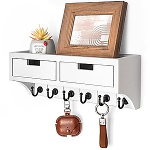 Rebee Vision Key Holder Wall Mount with Drawer Organizer: Mail Organizer with 6 Key Hooks & Dual Drawer Storage - Room Decor for Home and Apartment Essentials (Modern White)