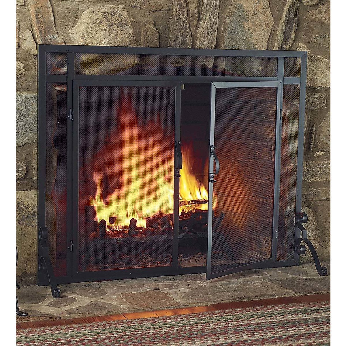 Plow & Hearth Metal Fireplace Screen Flatguard Black | 44" W x 33" H | 2 - Door | Spark Guard Indoor Grate | Iron Fire Place Cover | Wood Burning Stove Decorative Accessories