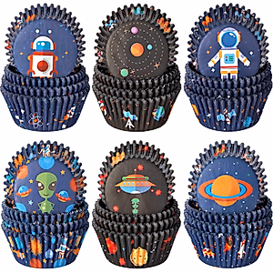 600 Pieces Space Adventure Cupcake Liners Outer Space Planet Rocket Astronaut Baking Cups Cupcake Wrappers Wraps Muffin Case Trays for Outer Space Theme Birthday Party Supplies