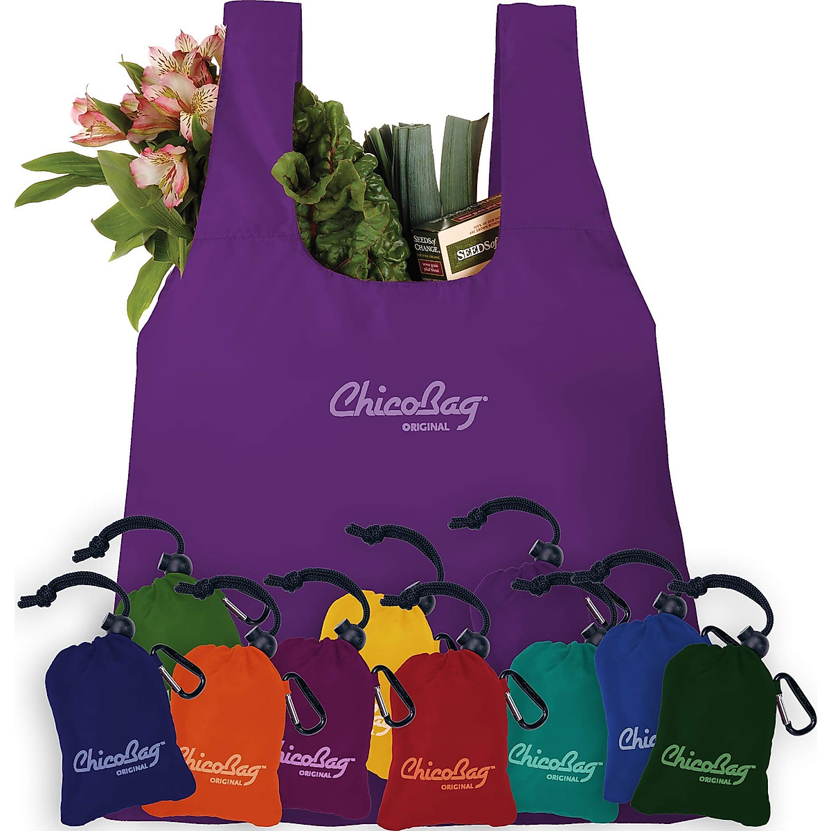 ChicoBag Original Compact Reusable Grocery Bag w/Attached Pouch and Carabiner Clip | Perfect for Shopping, Travel, Organization | Eco-Conscious Packable Tote | Purple (Pack of 4)