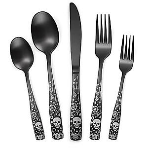 OIULO Pattern Matte Silverware Set for 8,40-Piece Gothic Matte Black Flatware set,Unique Pattern Design,Satin Finish Cutlery for 8,Halloween Skull Tableware Utensils for Kitchen Square