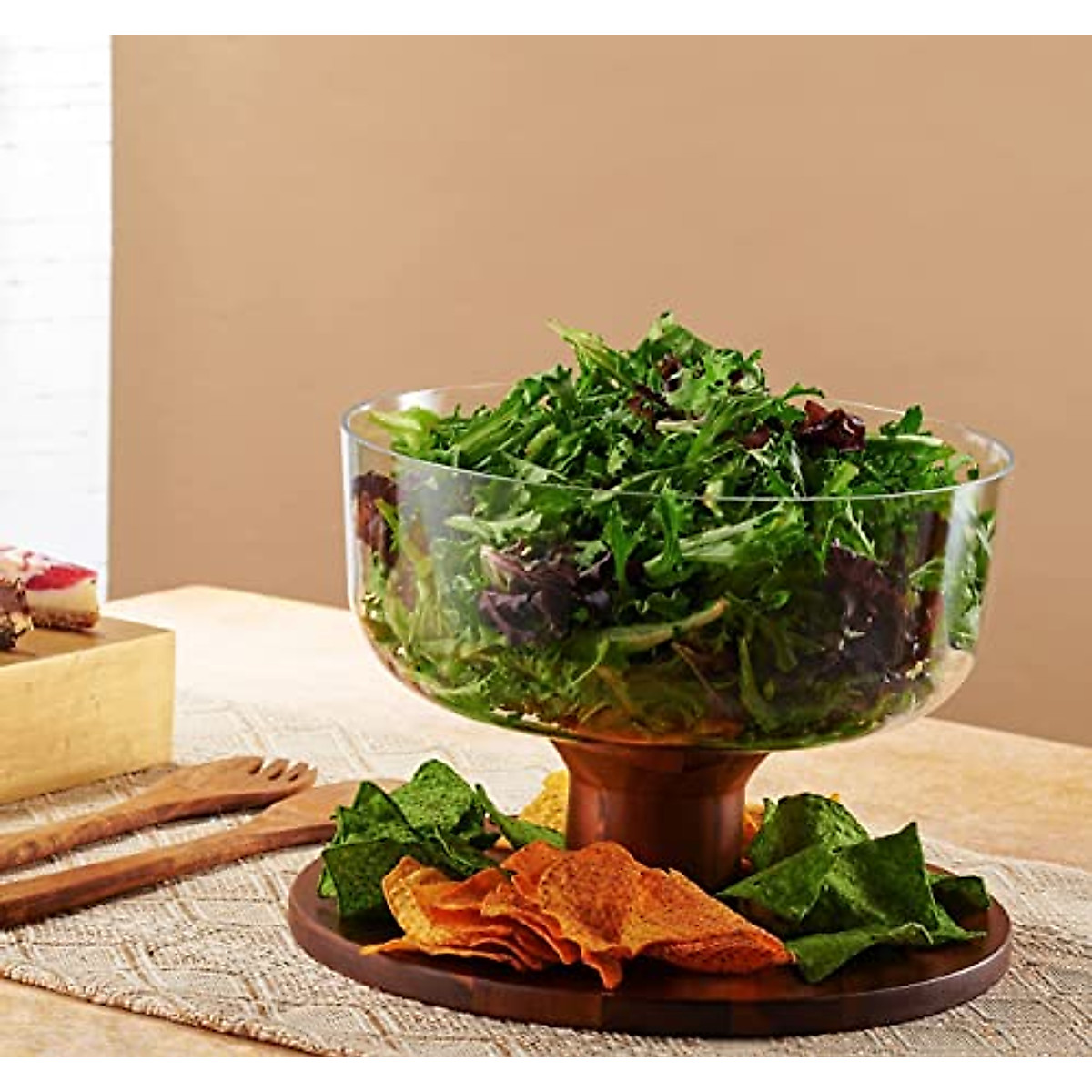 Godinger 2 in1 Salad Bowl and Cake Stand, Salad Bowl Serving Dish and Footed Cake Stand with Dome, Includes Wooden Salad Servers, Acacia Wood and BPA Free Acrylic Lid