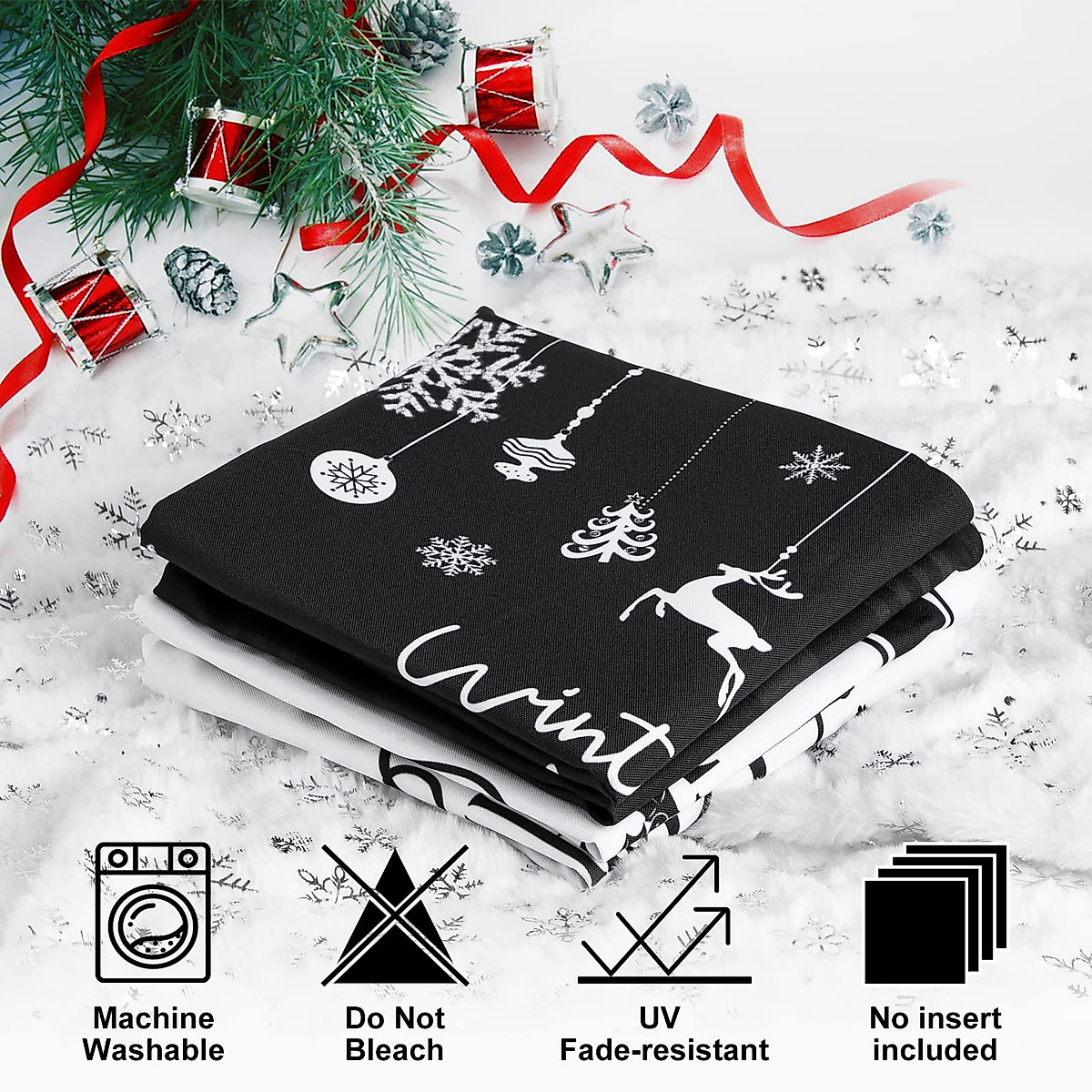 Lanpn Hello Winter Merry Christmas Throw Pillow Covers 18x18 Set of 4, Decorative Black and White 18 inch Xmas Holiday Cushion Pillow Cases Home Outside Porch Decor Decorations