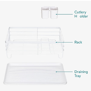 Navaris Dish Drainer Rack - Plate, Cutlery, Pots and Pans Drying Rack for Kitchen - Modern Retro Design Drip Tray with Metal Rack - White