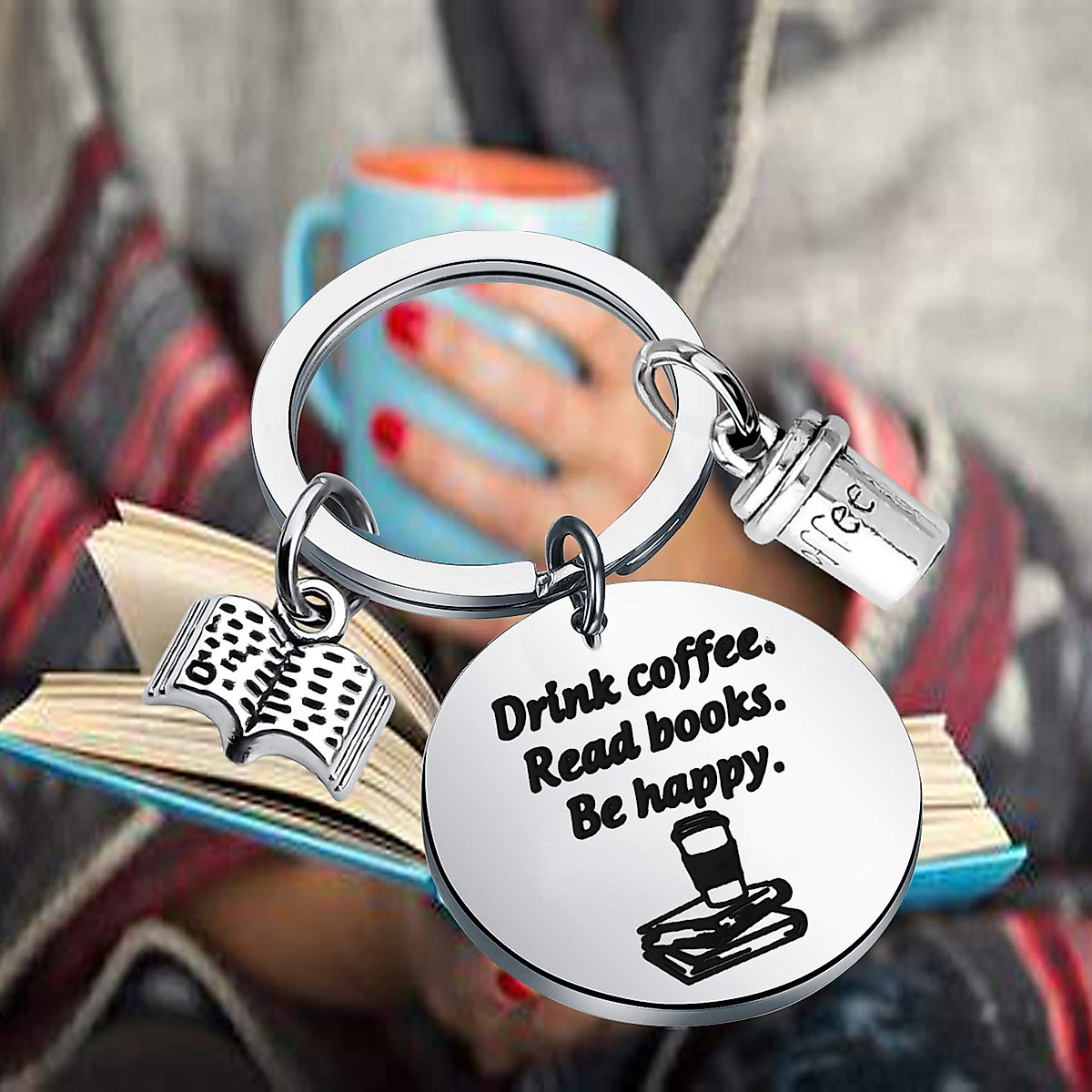 BEKECH Book Lovers Gift Coffee Lovers Gift Drink Coffee Read Books Be Happy Keychain Gift for Reading Lovers Bookworms Reader Book Club Gift Librarian Gift (silver)
