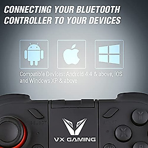 Volkano VX Gaming Bluetooth Contoller w/Phone Holder, Functional D-Pad, 2 Analog Sticks, 10 Action Buttons 10-Hr Playtime, Compatible w/VR Headset Android iOS Windows XP [Black/Red] - Command Series