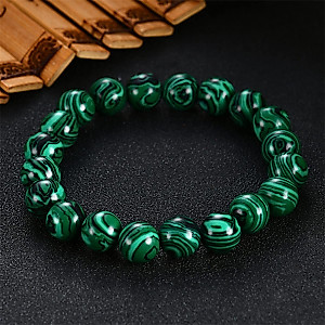 6/8/10/12/14mm Round Natural Malachite Beaded Bracelet Dainty Gemstone Bangle Malachite Stone Stretch Bracelets Yoga Healing Crystals Quartz Chakra Bracelet for Women Men Girls Gifts-C 10mm
