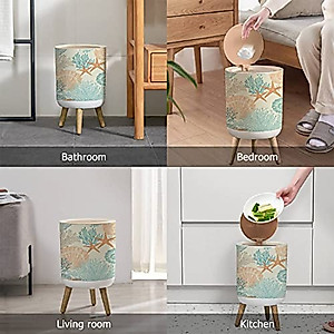 Small Trash Can with Lid Marine hand drawn sea shells stars mollusk coral Perfect for textiles Round Garbage Can Press Cover Wastebasket Wood Waste Bin for Bathroom Kitchen Office 7L/1.8 Gallon