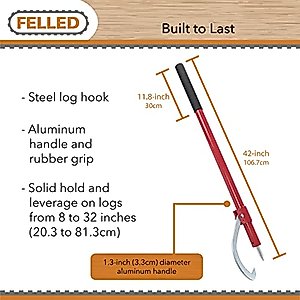 Felled Large Log Peavey Tool with Moving Hook - 8 to 32in Capacity Logger Peavy Hook Log Roller Tool with 42in Handle