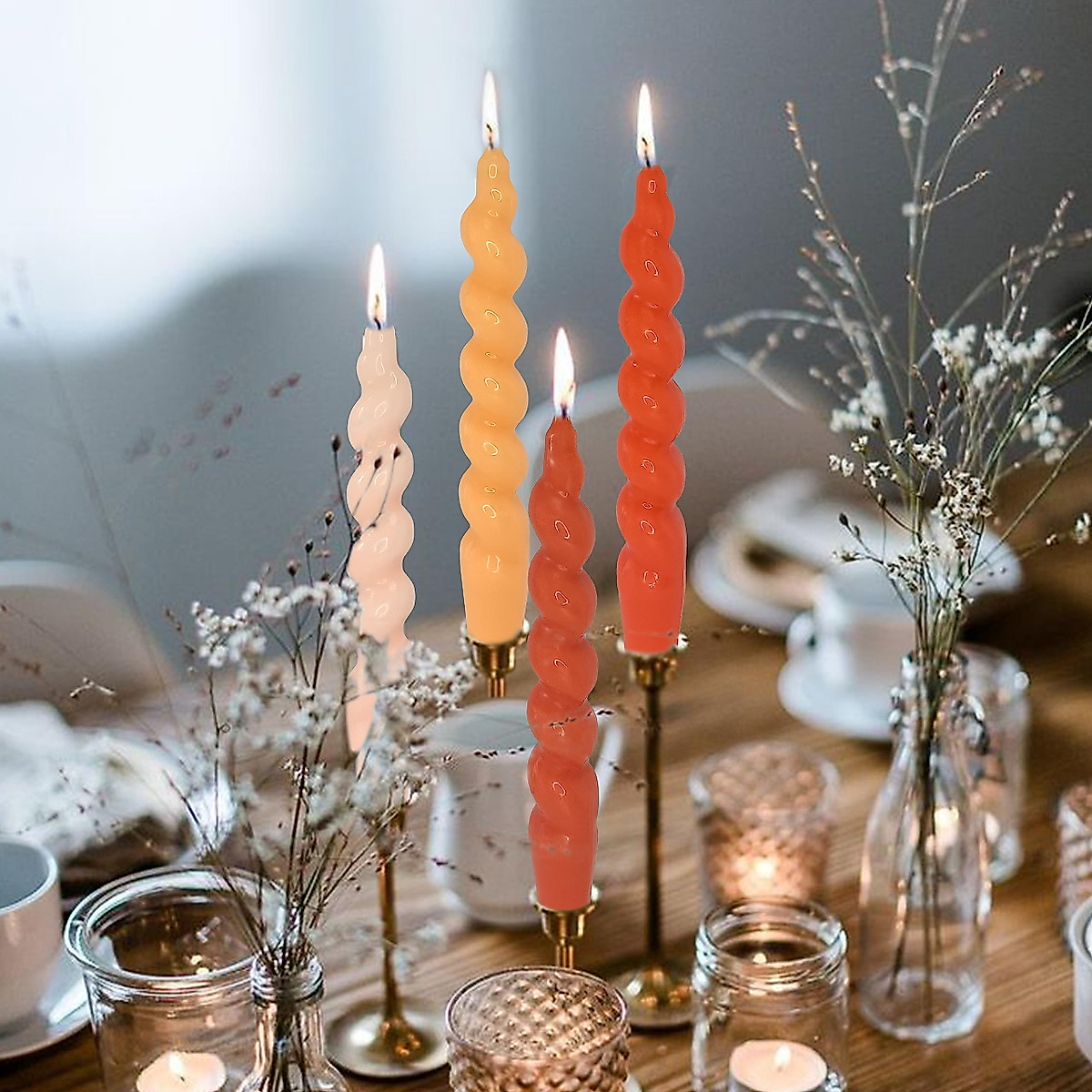 Spiral Taper Candle Twisted Candles Sticks Unscented Candlesticks 4 Pcs Orange Gradient Taper Candles Dinner Candle for Home Décor Weddings Festive Seasons Holiday