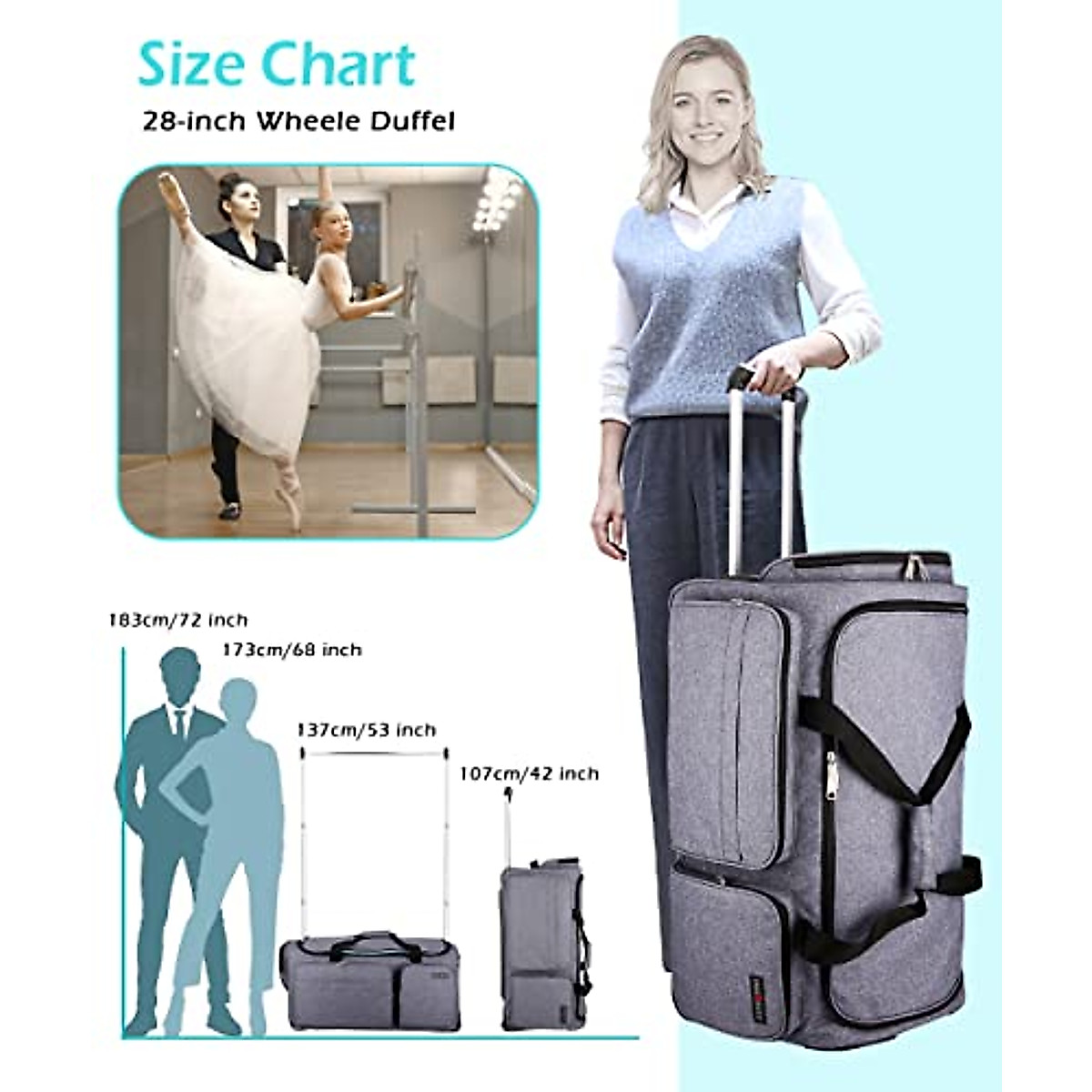 Dance Bag With Garment Rack,28Inch Collapsible Travel Bag,Rolling Garment Bag With Rackl,Rolling Duffle Bags For Hang Clothes,Garment Bag For Dance Competition, Closet Garment Rack,Dance Suitcase,Grey