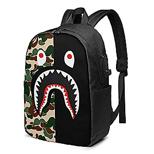 Unisex 17 Inch Laptop Backpack Waterproof Casual Camo Anime Shark Art Book Bags Backpack With Usb Charging/ Headphone Port, Back To School Gym Handbag