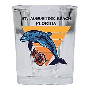 R and R Imports St. Augustine Beach Florida Beach Souvenir 2 oz Square Base Shot Glass Dolphin Design Single