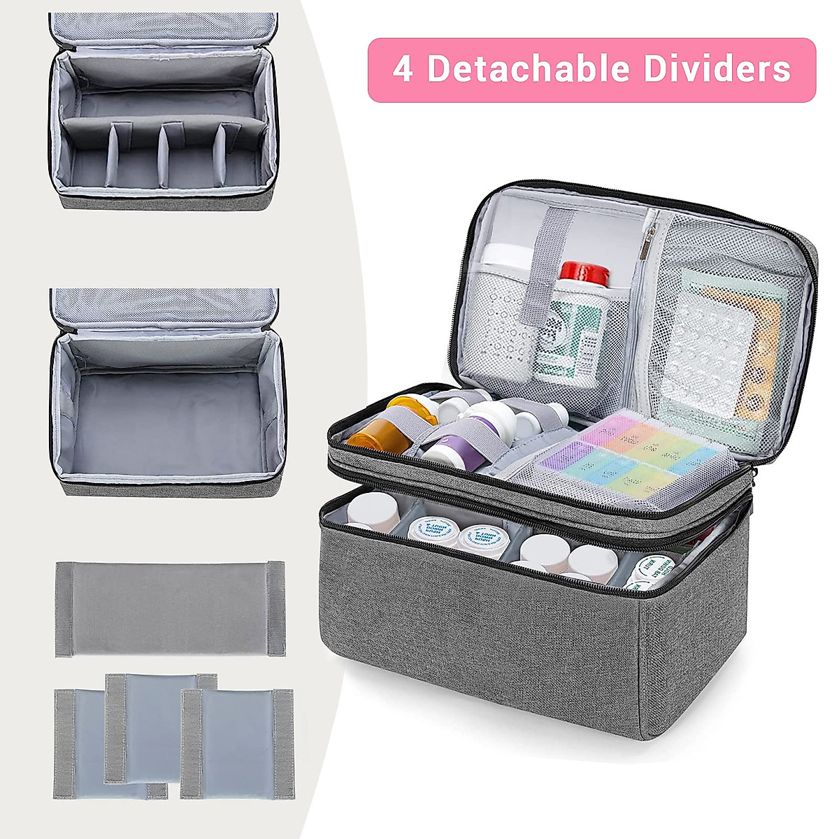 Medicine Organizer and Storage Bag Empty, Family First Aid Box, Pill Bottle Organizer Bag for Emergency Medication, Supplements or Medical Kits, Zippered Medicine Bag for Home and Travel(Gray)