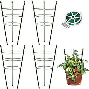 Plant Support Tomato Cages for Garden,4 Pack 18inch Tomato Stakes Plant Stakes for Climbing Plants Adjustable Plant Trellis for Peony Support(4 Pack with 20M Garden Twist Tie)