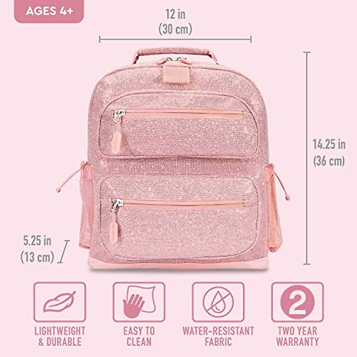 Bentgo® Kids Backpack - Glitter Designed Lightweight 14” for School, Travel & Daycare - Roomy Interior, Durable & Water-Resistant Fabric & Loop for Lunch Bag (Glitter Edition - Petal Pink)