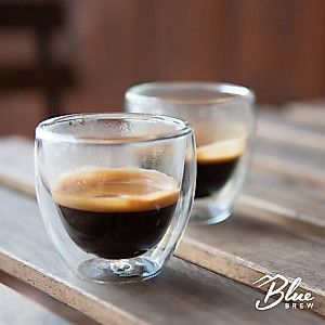 BLUE BREW 2.5 oz Double Walled Espresso Cups, Borosilicate Glass Coffee Cups, Microwave & Dishwasher Safe, Shot Glasses, Suitable for Both Hot & Cold Beverages, Set of 2 (BB1018)