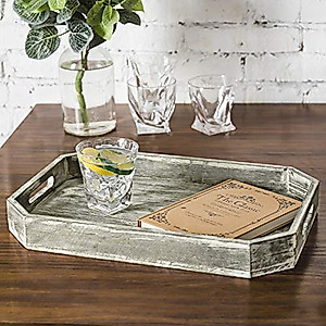 MyGift Gray Wood Serving Tray with Handles - Rustic Farmhouse Decor Breakfast, Ottoman, Coffee Table Decorative Tray with Angled Edges