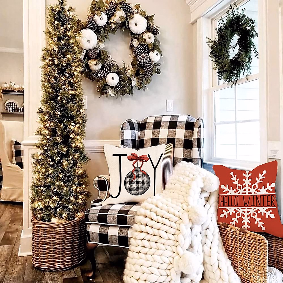 GEEORY Christmas Pillow Covers 18x18 Set of 4 for Xmas Decorations Buffalo Plaid Check Christmas Tree Joy Snow Pillow Cases Winter Holiday Throw Pillows Farmhouse Decor for Couch