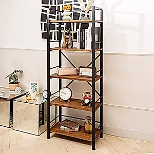Crofy Rustic Bookshelf, 5 Tier Real Wood Bookshelf, Metal Book Shelf for Storage, Black Bookcase, 12.6" D x 23.62" W x 64.17" H